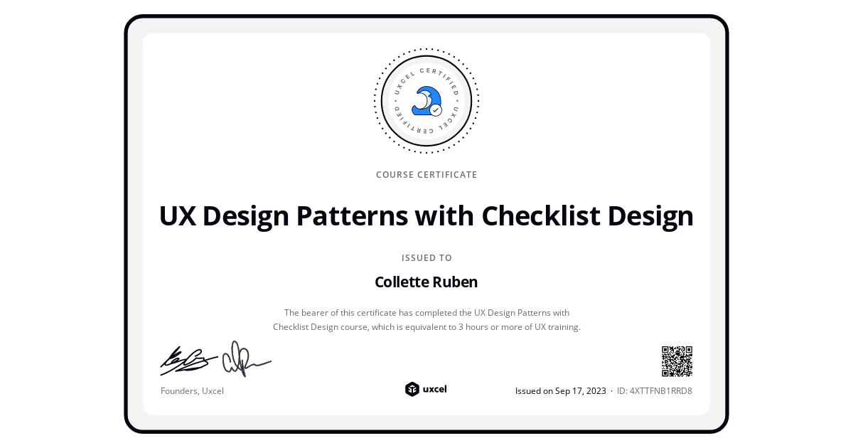 Certificate of completion for UX Design Patterns with Checklist Design | Uxcel